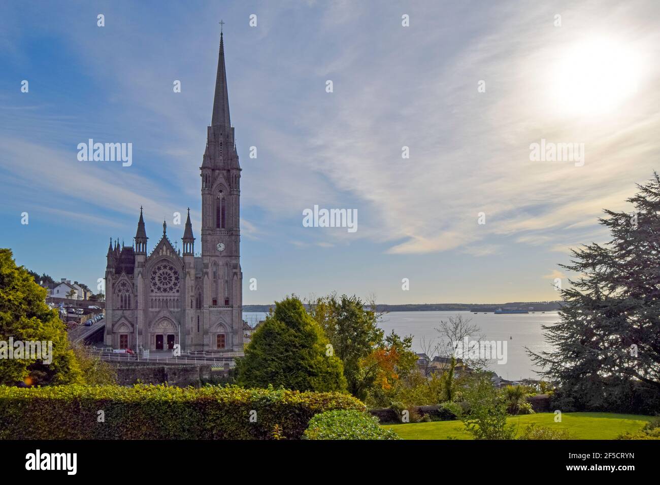 Saint Colman Cathedral with cork harbor next to it, Cobh, Ireland Stock ...
