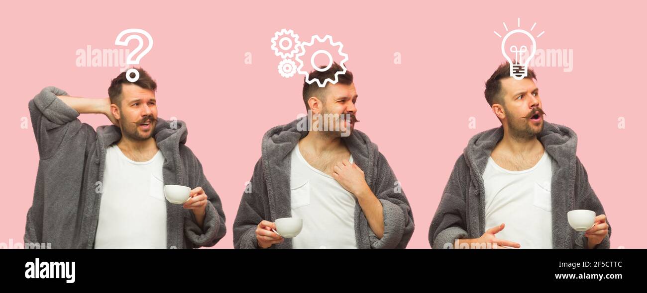 Thoughtful, finding solution man with question gear mechanism, light ...