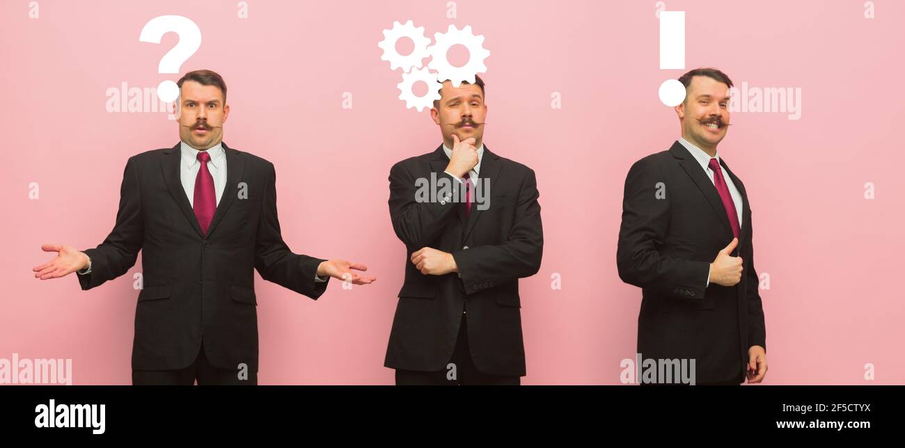 Thoughtful, finding solution business man with question gear mechanism ...