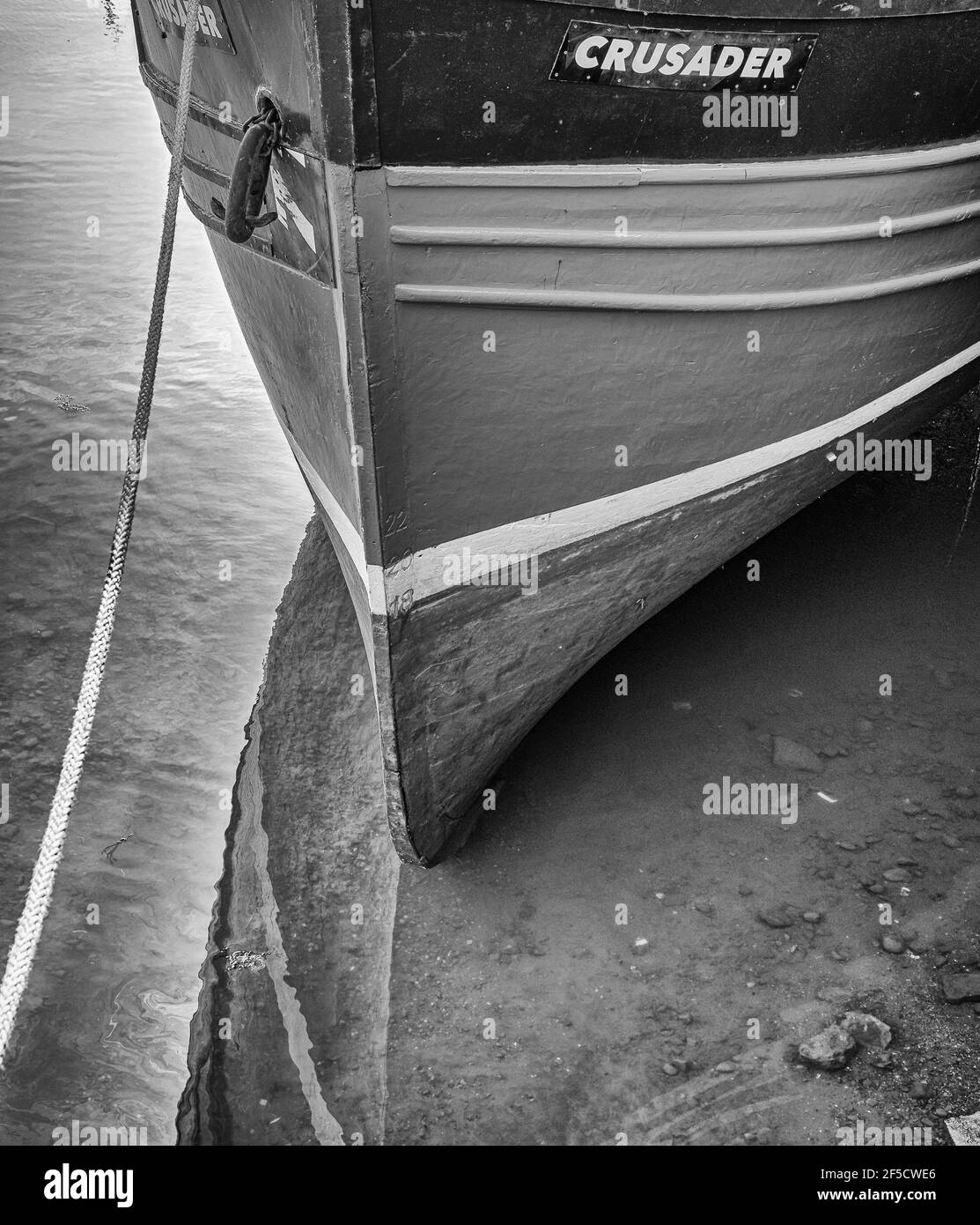 Bow mooring fishing trawler in Black and White Stock Photos & Images ...