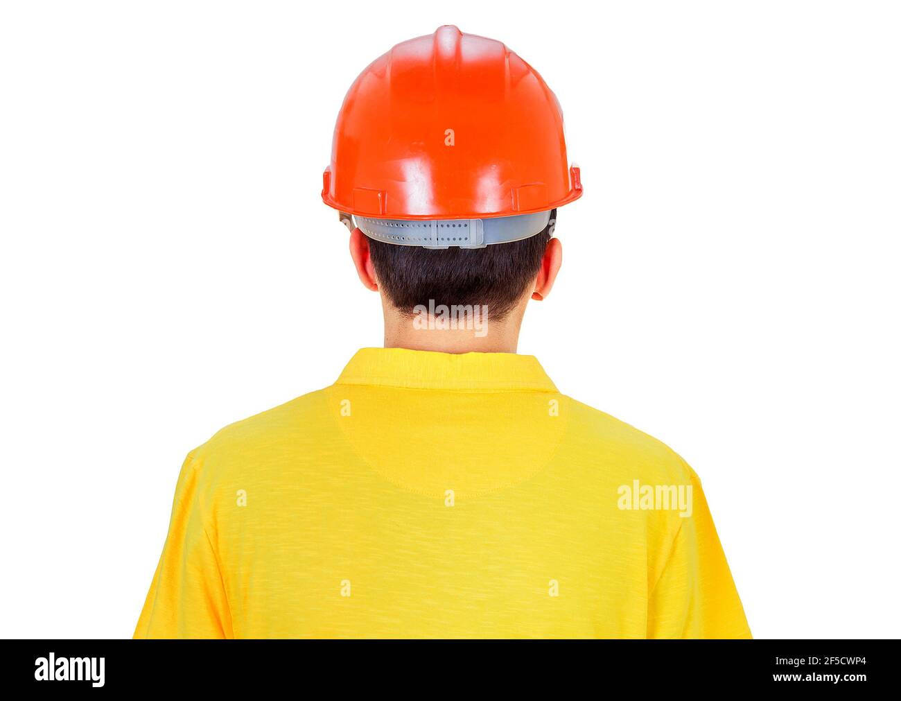 Man in Hard Hat Rear View on the White Background Stock Photo - Alamy