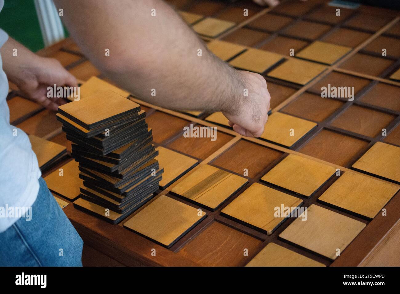 Concept of creative logical thinking. Wooden blocks. Geometric shapes ...
