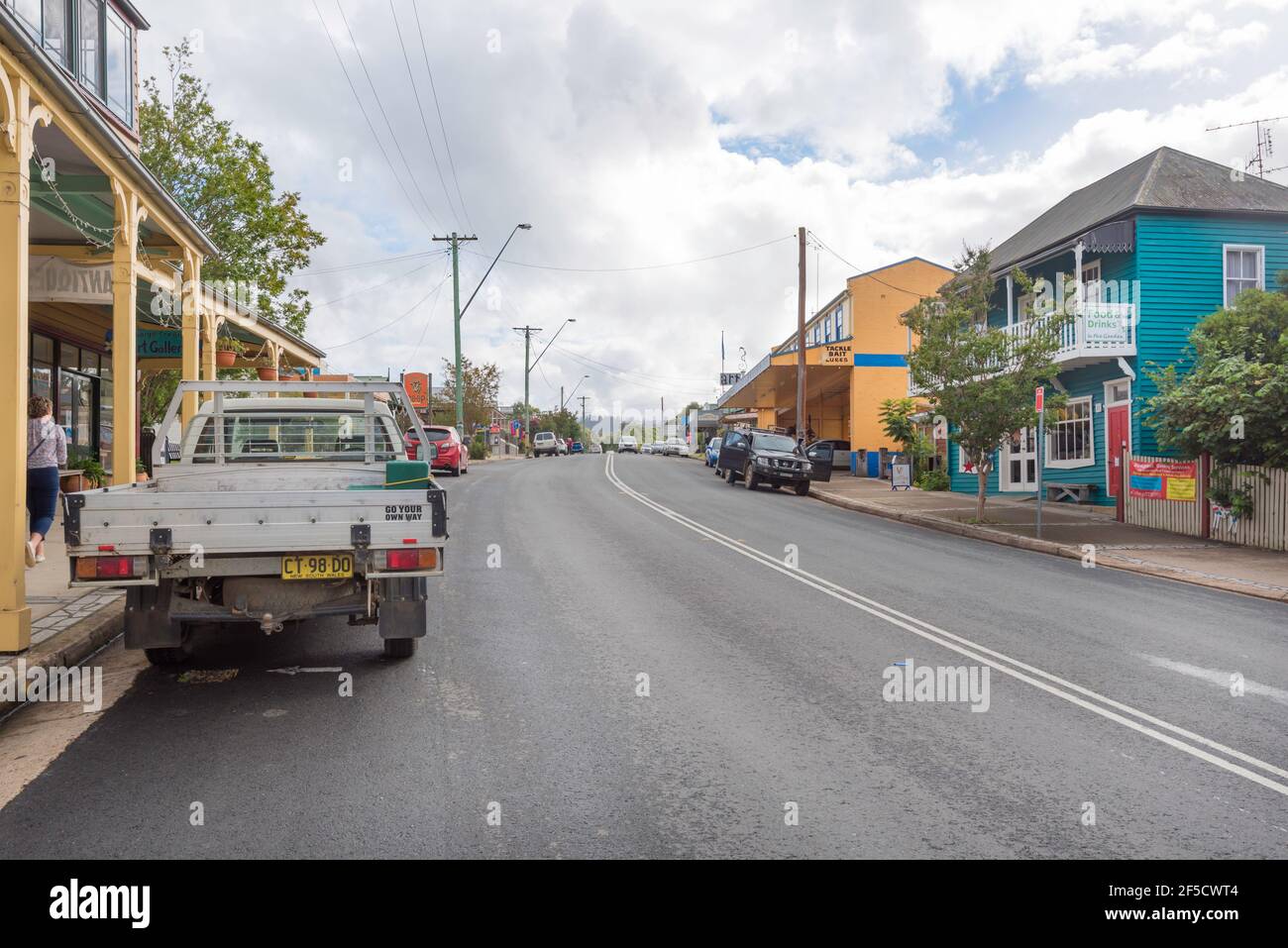 Looking along the Princes Highway through the rural town of Cobargo in ...