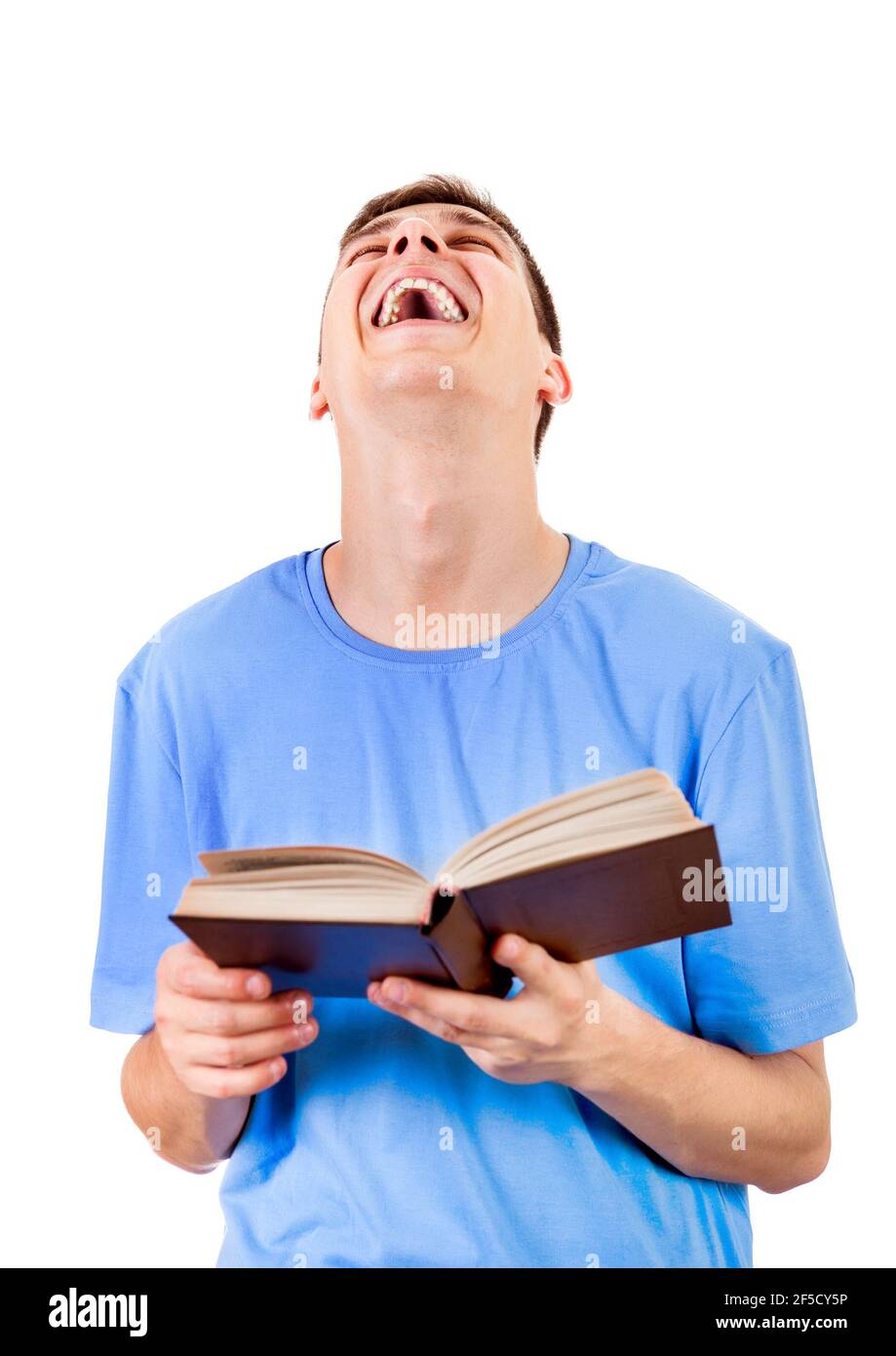 Happy Young Man with a Book Laughing on the White Background Stock ...
