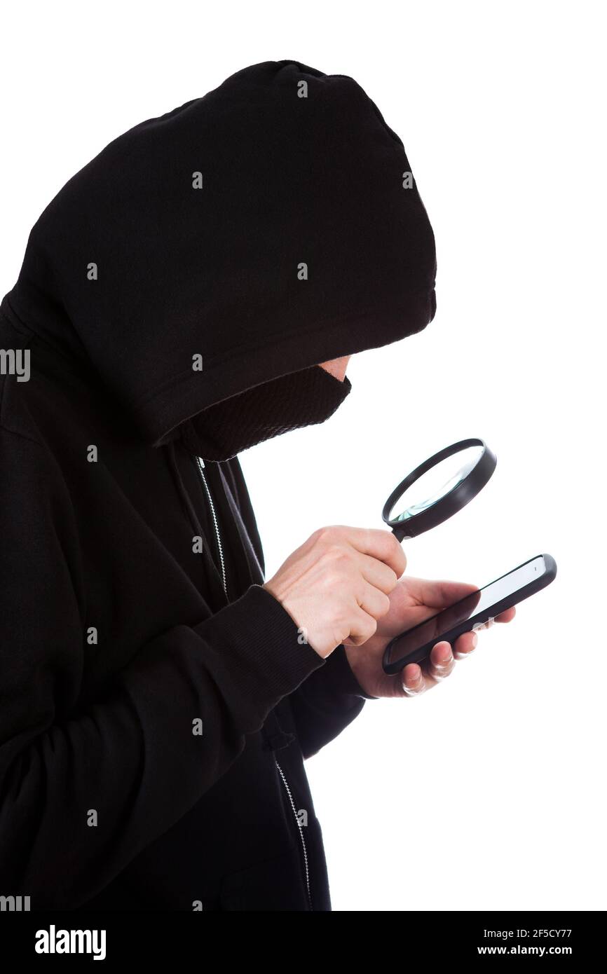 Hacker with a Phone and Magnifying Glass Isolated on the White ...