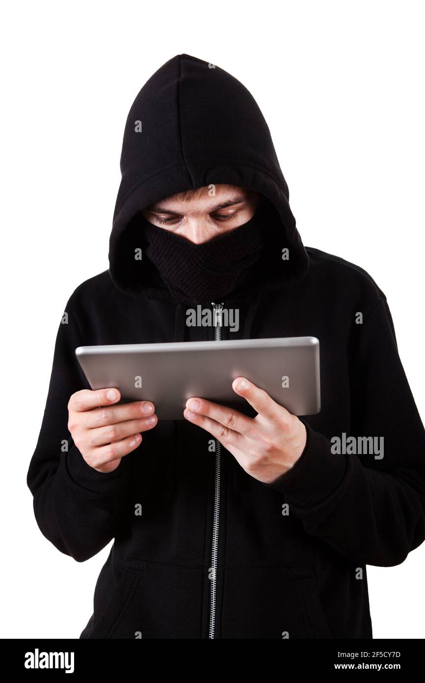 Hacker with a Tablet Computer on the White Background Stock Photo - Alamy