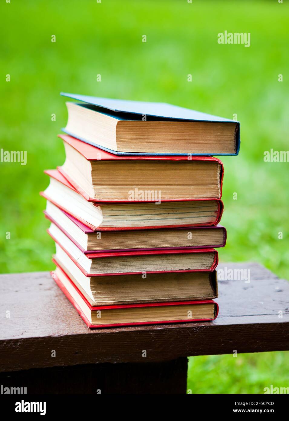 Pile of the Old Books on the Bench closeup Stock Photo - Alamy