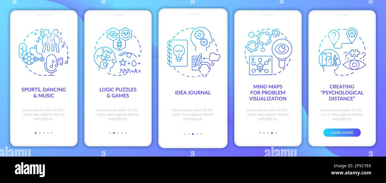 Boosting problem solving skills tips navy onboarding mobile app page screen with concepts Stock ...