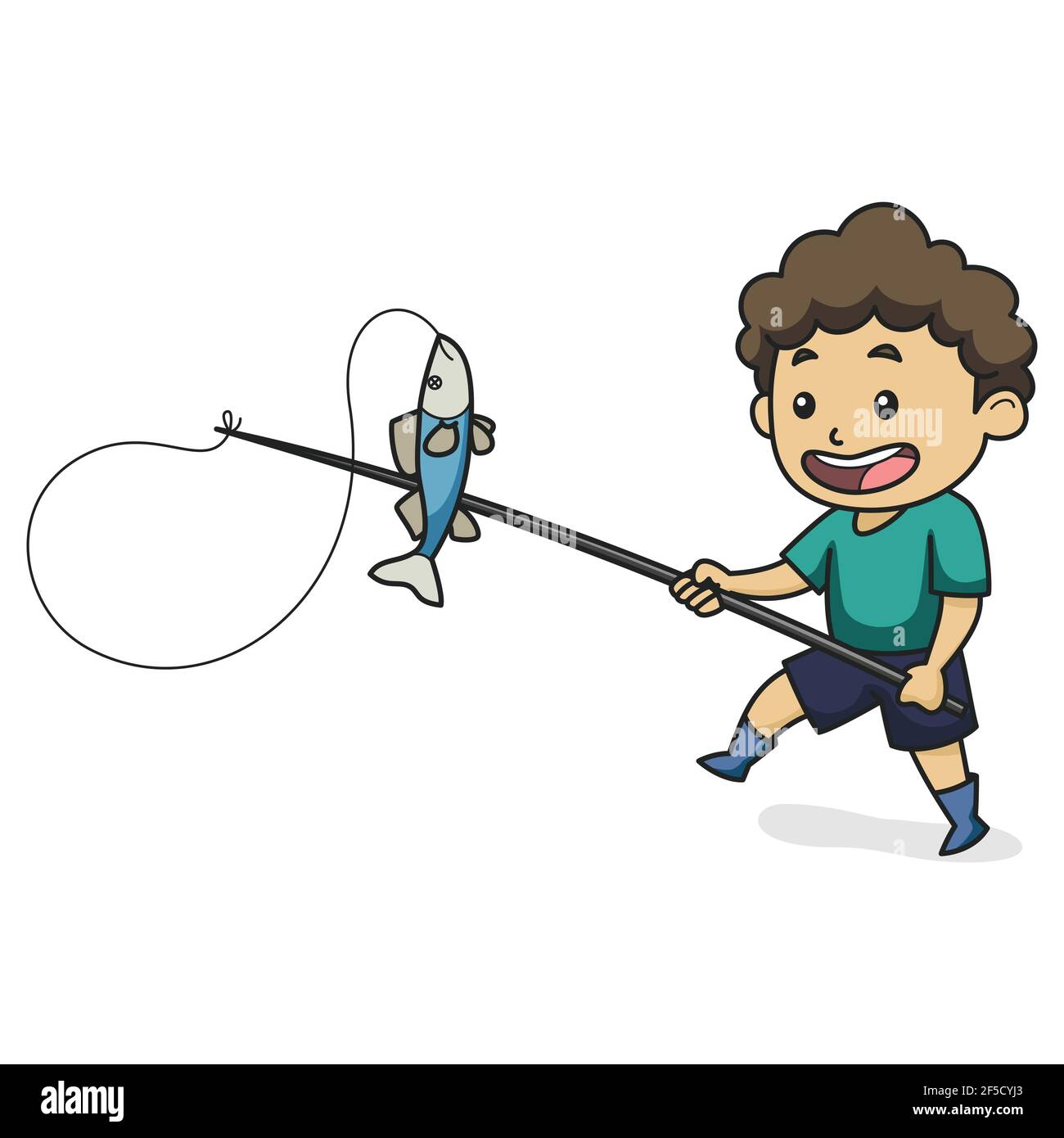 The Child Catches Blue Fish Using a Fishing Rod. Character. Children ...