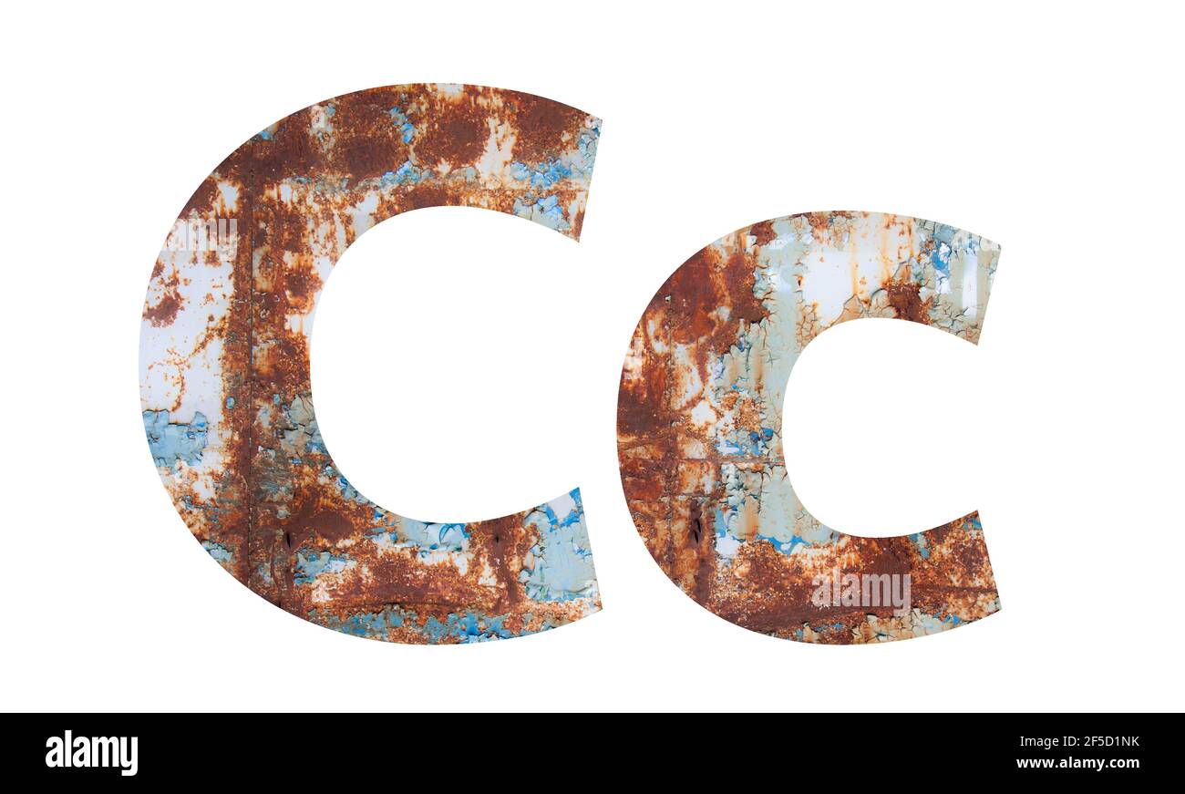 Rusty metal letter C. Old metal alphabet isolated on white background ...