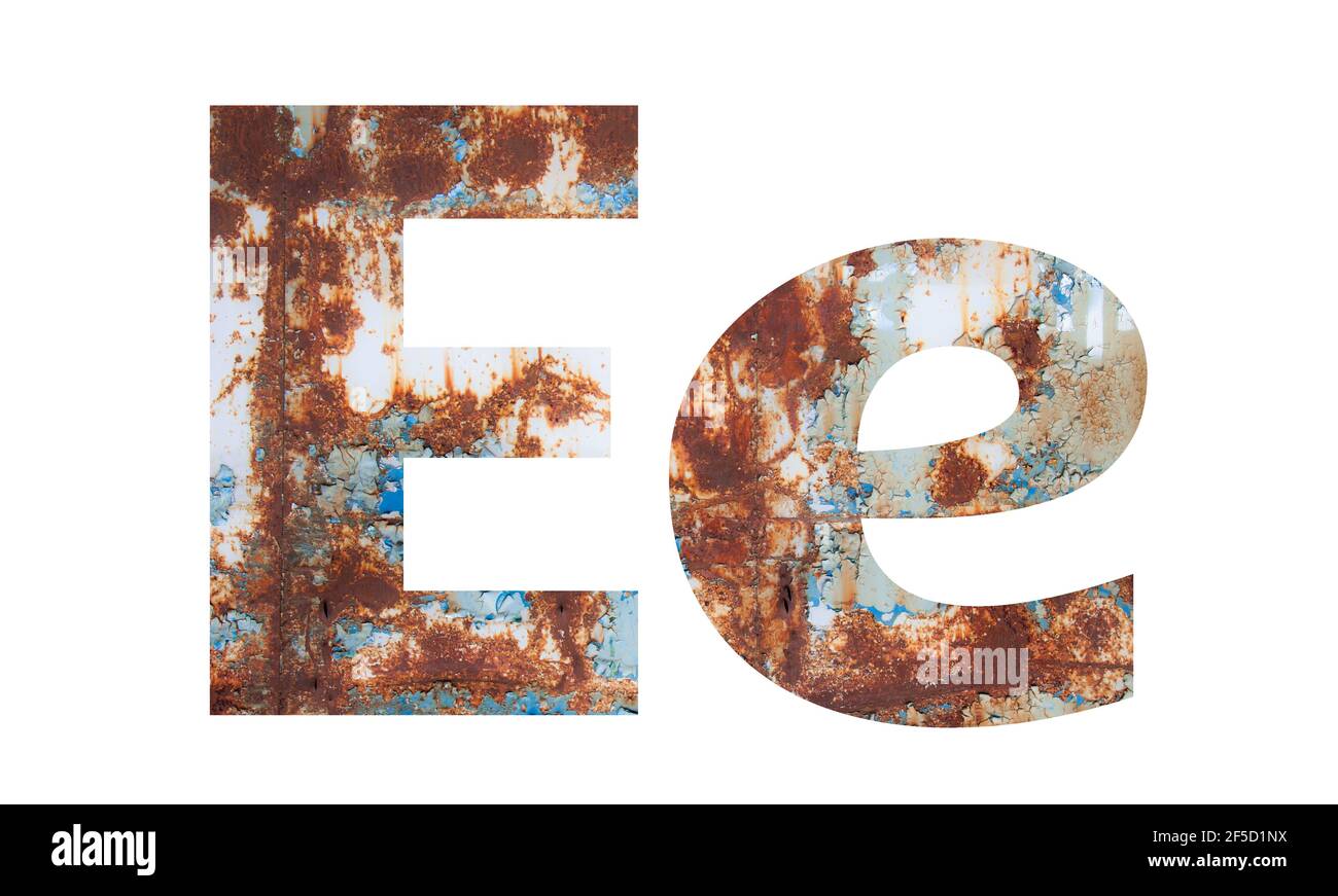 Rusty metal letter E. Old metal alphabet isolated on white background ...