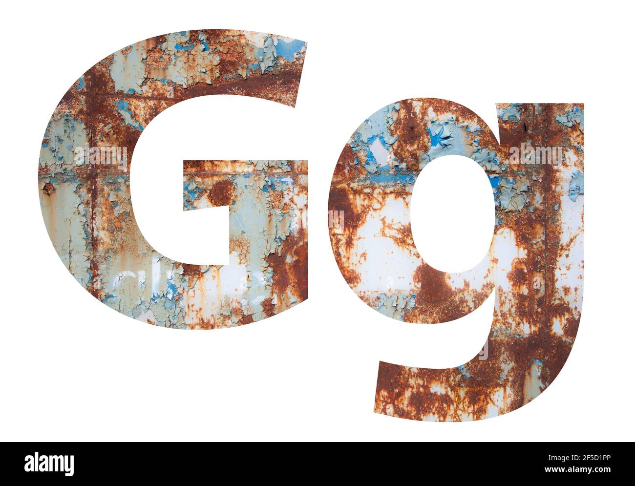 Rusty metal letter G. Old metal alphabet isolated on white background ...