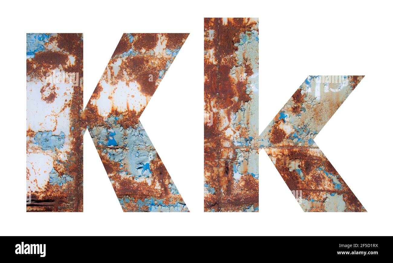 Rusty metal letter K. Old metal alphabet isolated on white background ...