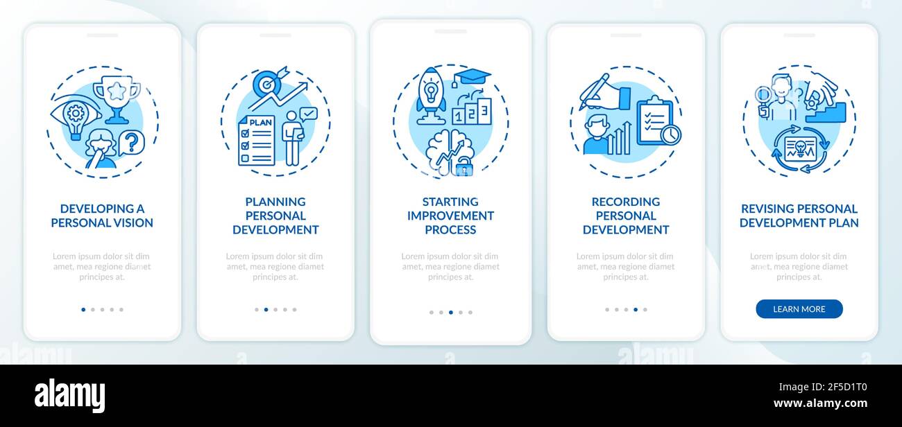 Personal development steps blue onboarding mobile app page screen with ...