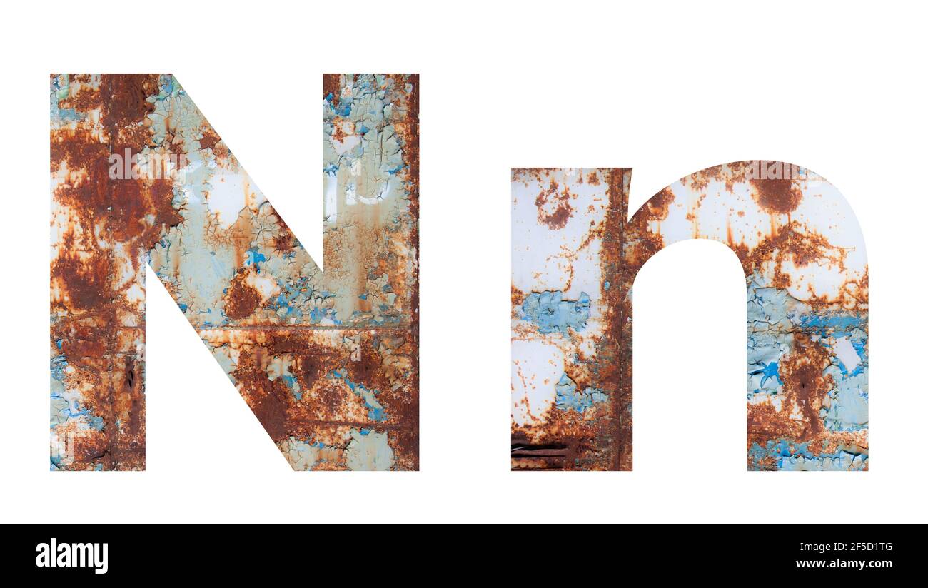 Rusty metal letter N. Old metal alphabet isolated on white background ...