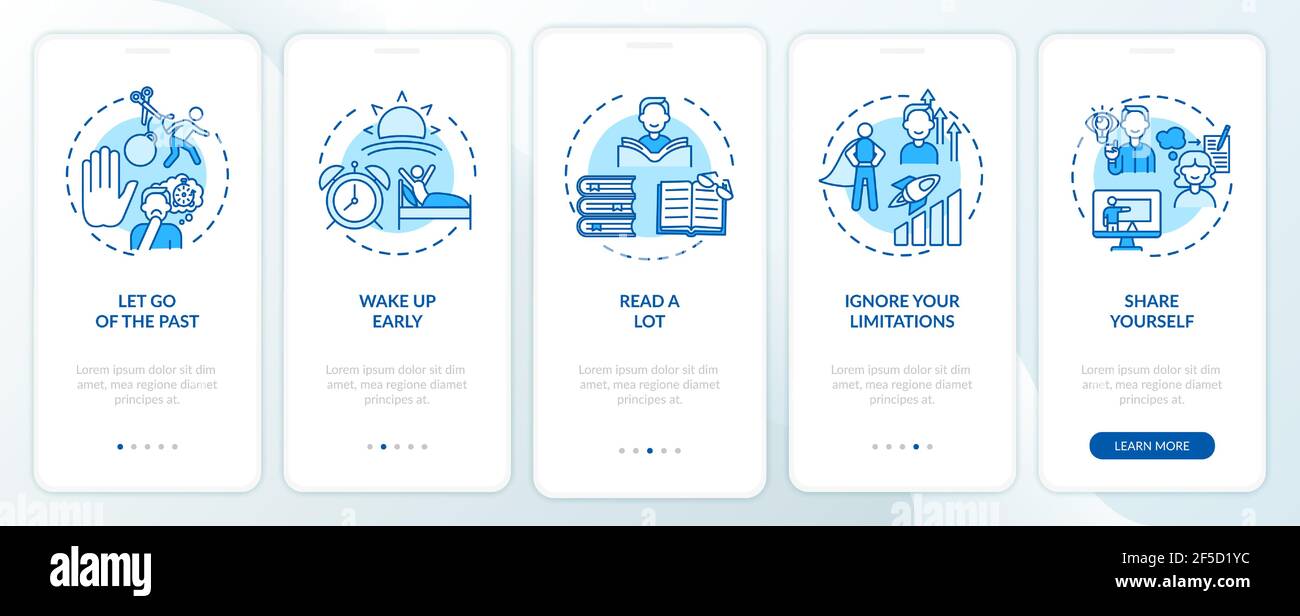 Self-development tips blue onboarding mobile app page screen with ...