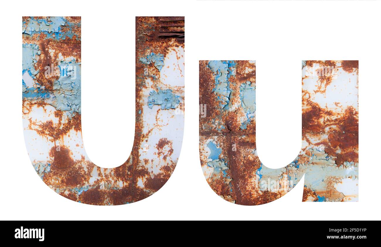 Rusty metal letter U. Old metal alphabet isolated on white background ...