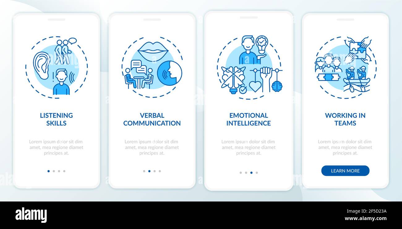 Interpersonal skill self assessment categories blue onboarding mobile app page screen with ...