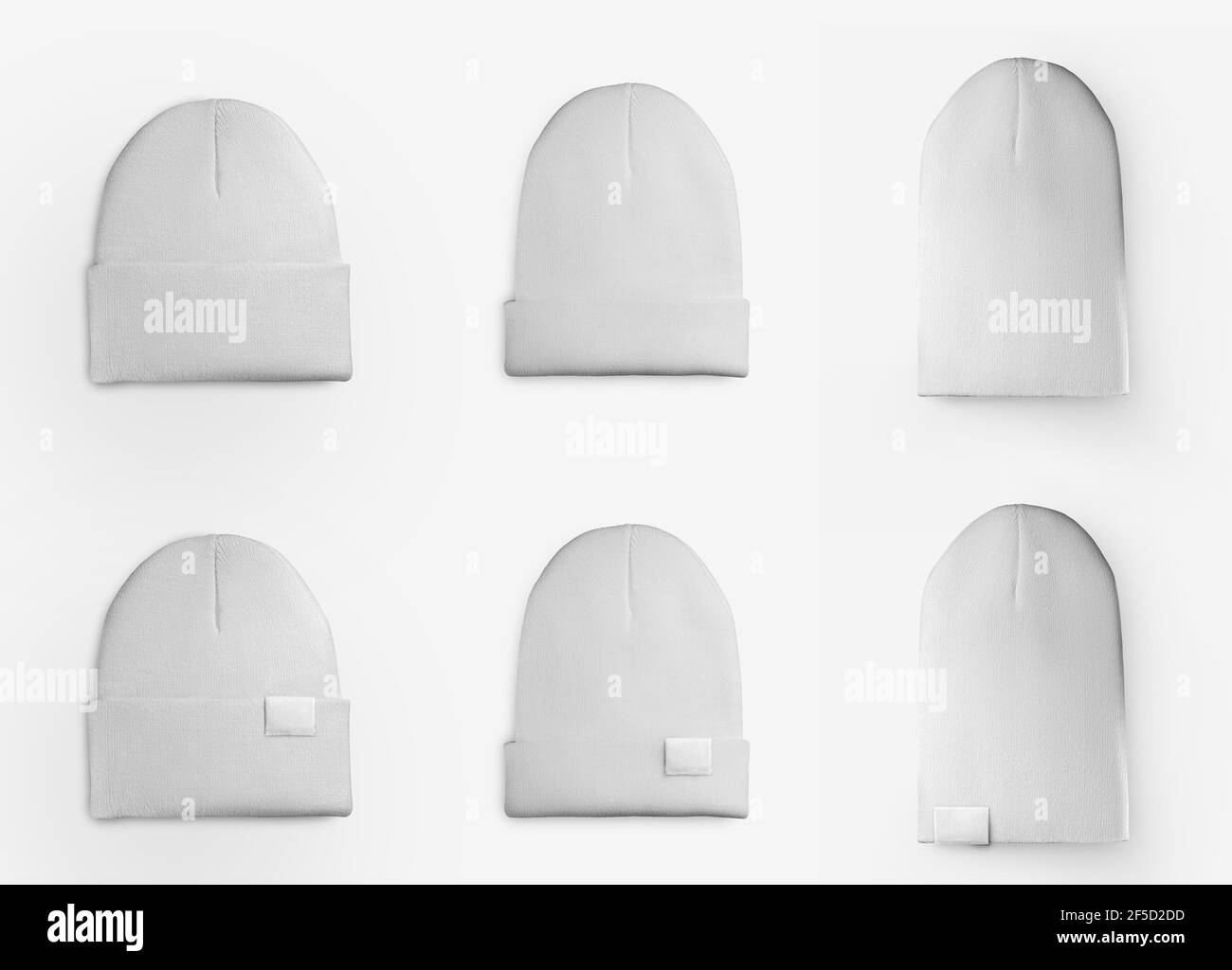 Set of mockups of a white winter beanie, front, back view, close-up ...