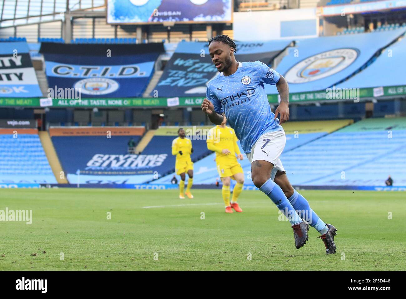 Raheem Sterling #7 of Manchester City celebrates his goal to make it 0 ...