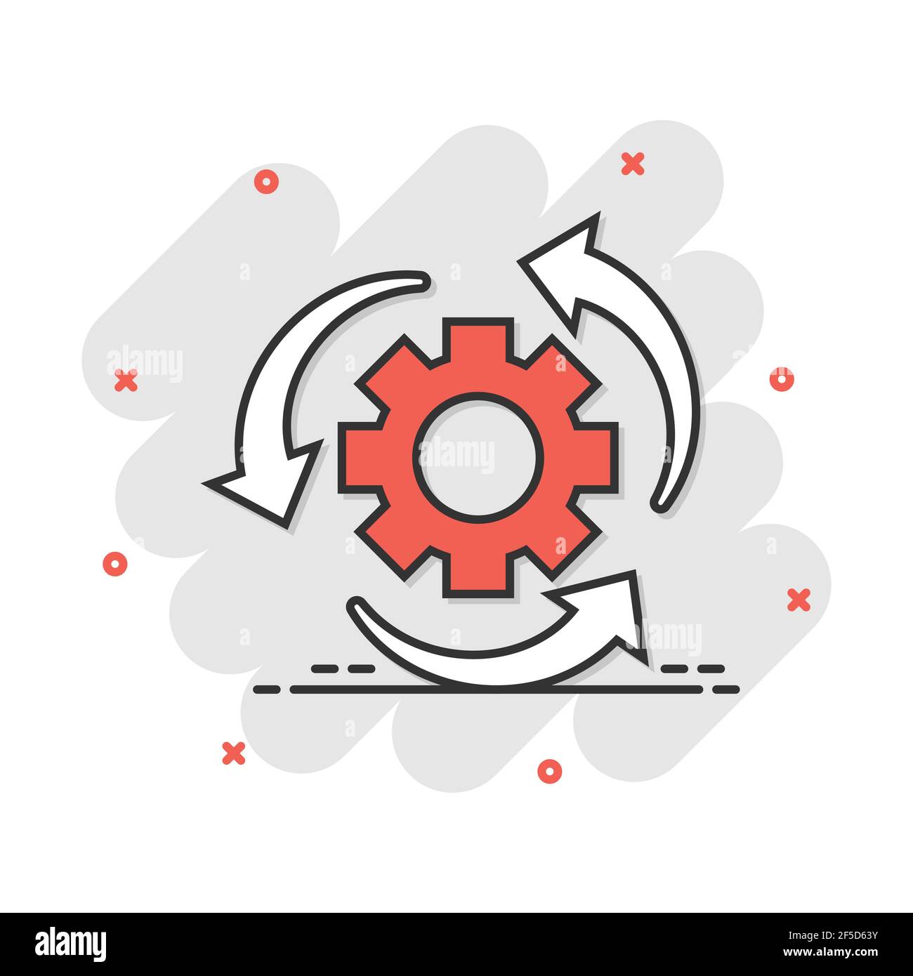 Workflow process icon in comic style. Gear cog wheel with arrows vector ...