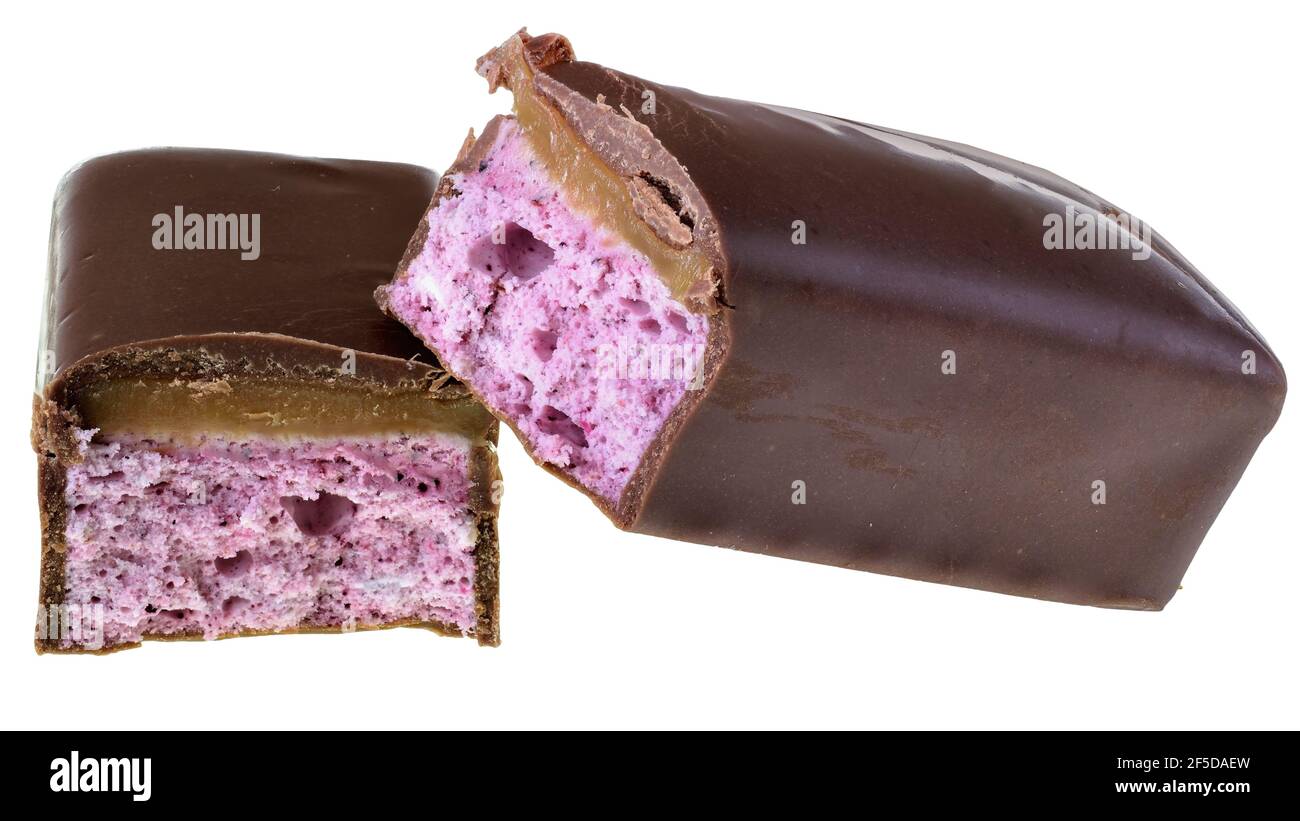 Chocolate bar with fruit berry cream filling isolated on a white ...