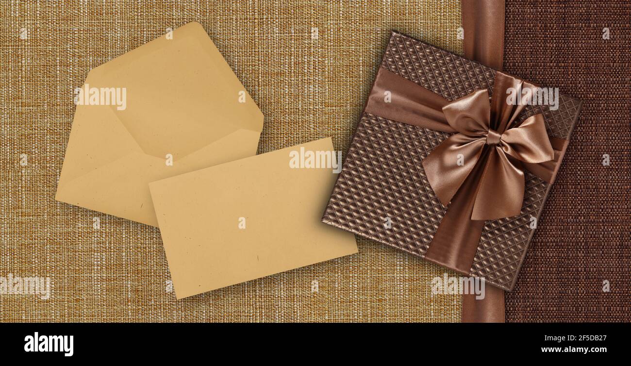 Gift card with gift box with ribbon and bow, envelope and ticket ...
