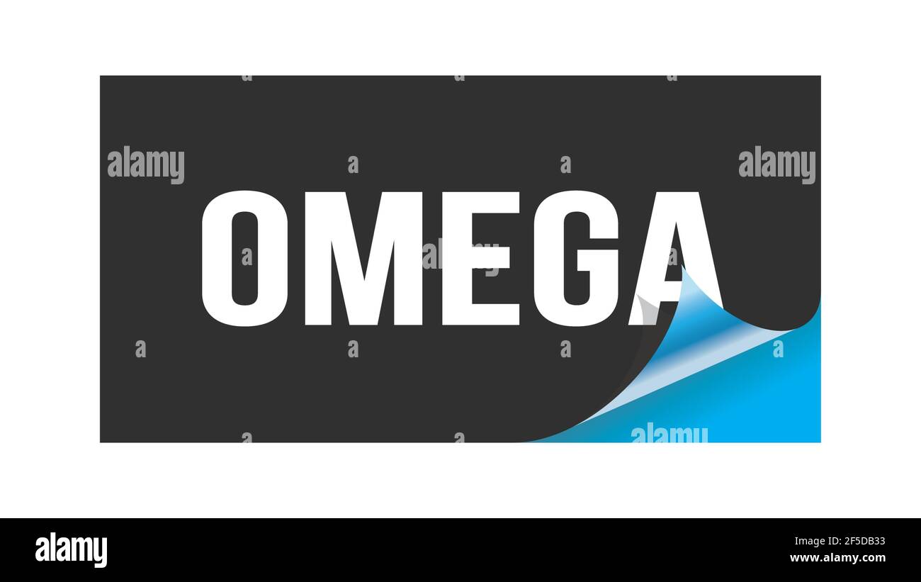 OMEGA text written on black blue sticker stamp Stock Photo - Alamy
