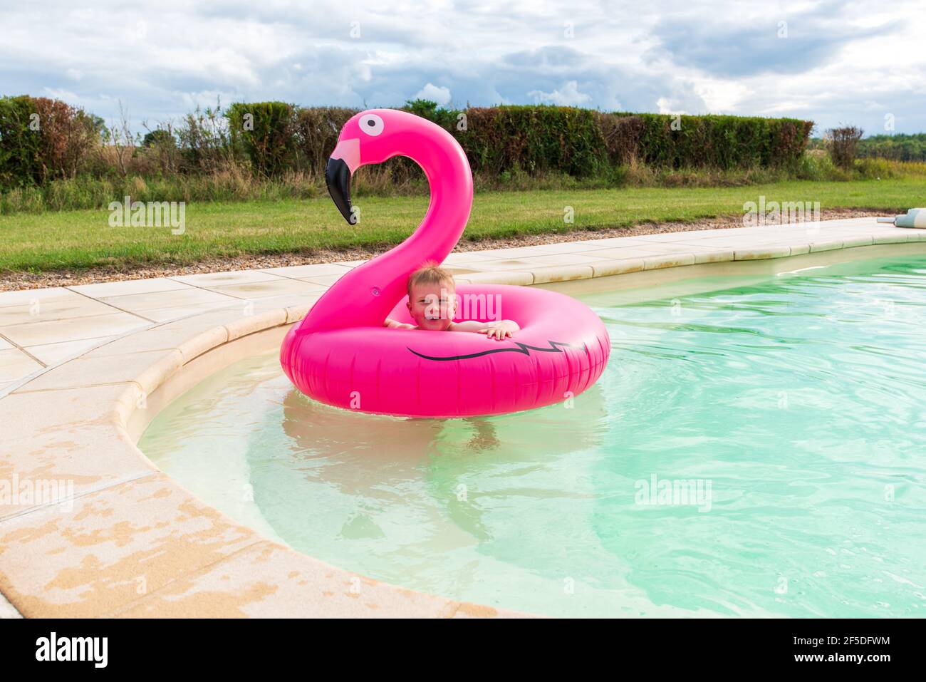 A young boy in a pink flamingo pool inflatable in an outdoor pool Stock ...