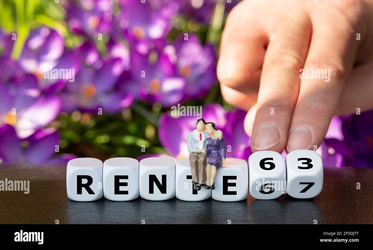 Symbol for a retirement with 63 instead of 67. Hand turns dice and ...