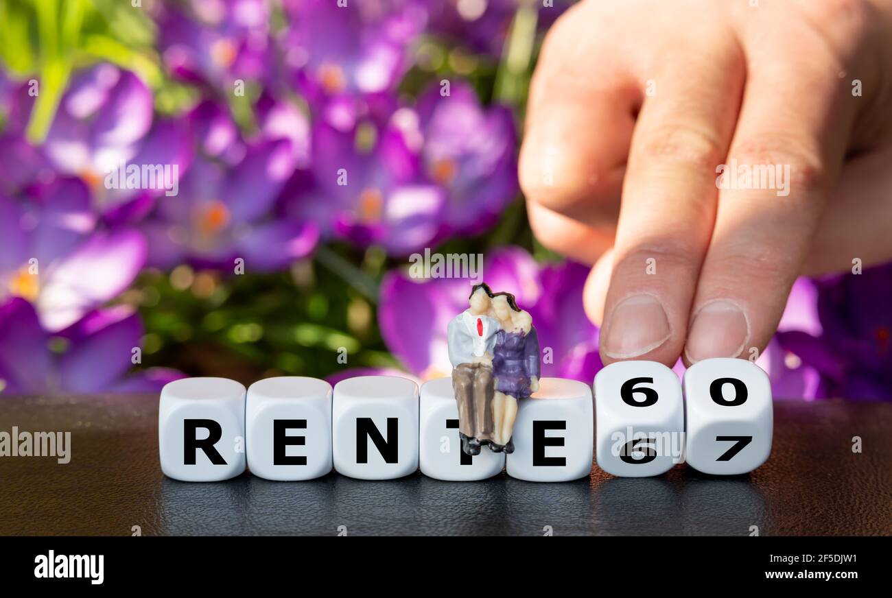 Symbol for a retirement with 60 instead of 67. Hand turns dice and ...