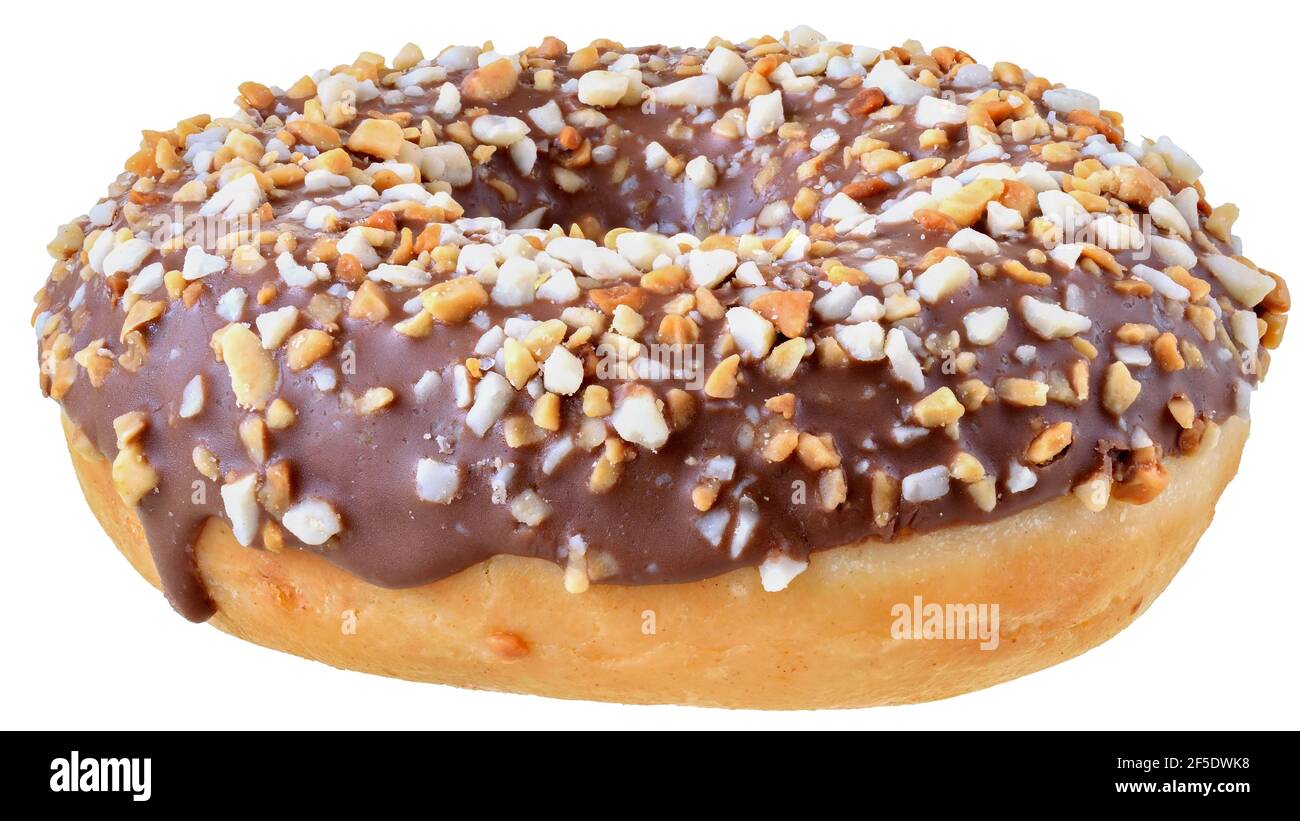 Chocolate glazed donut with nut flakes isolated on white background ...
