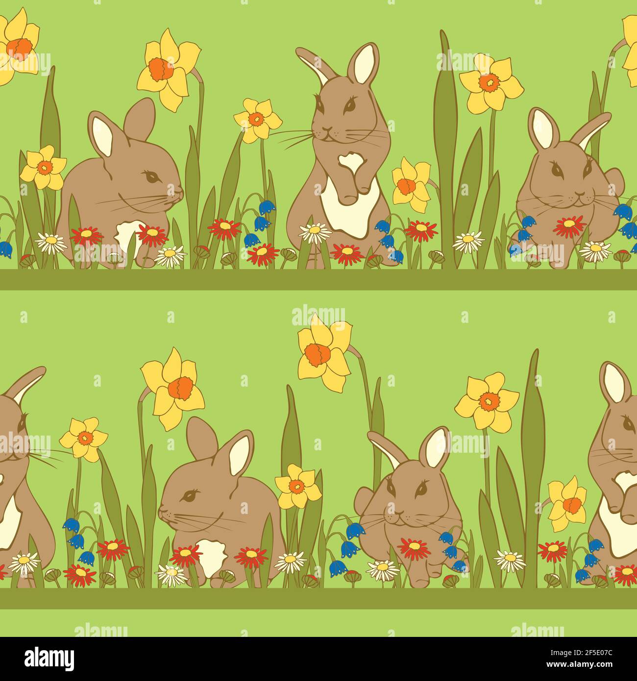 Seamless vector pattern with brown bunnies and spring flowers on green ...