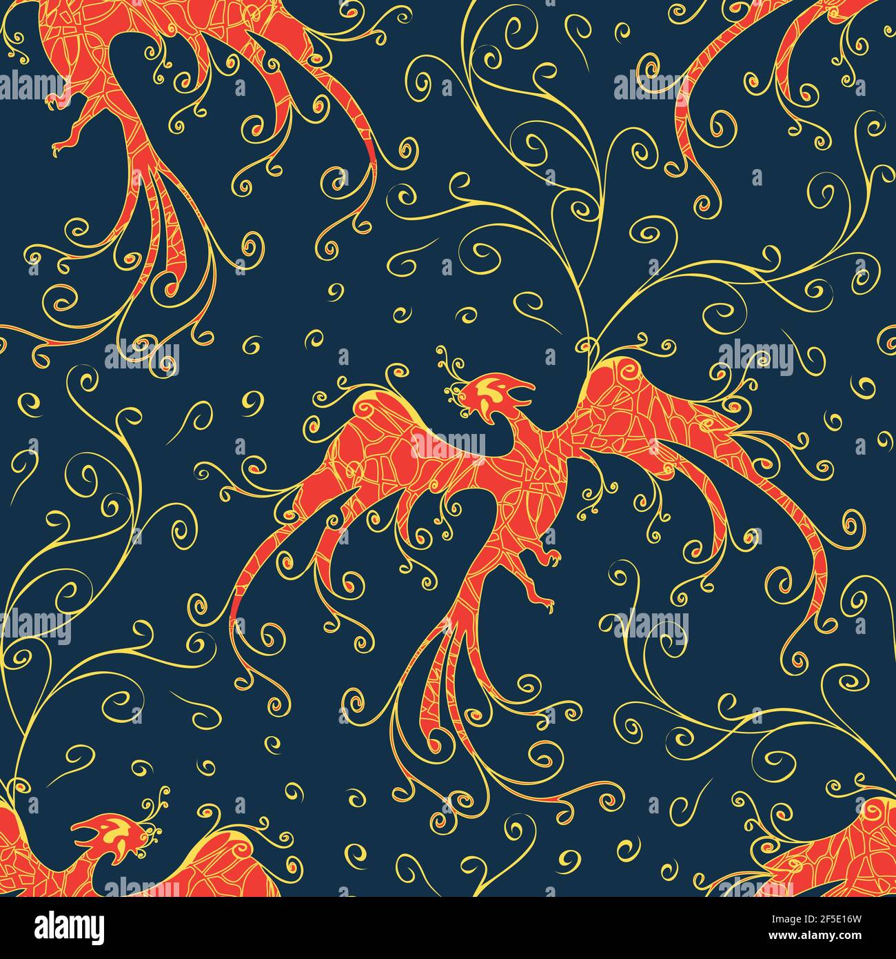 Seamless vector pattern with phoenix on blue background. Majestic fire ...