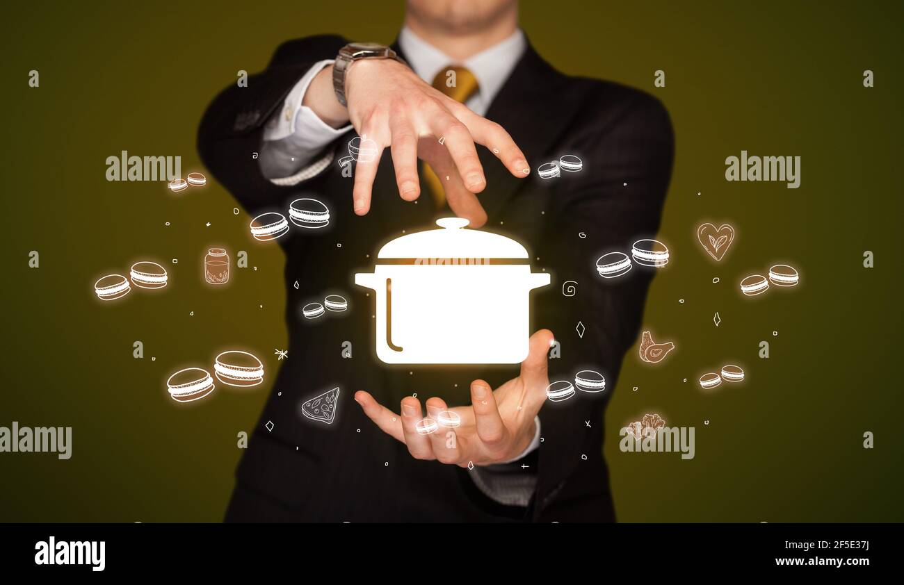 Hand holding food related icons Stock Photo - Alamy