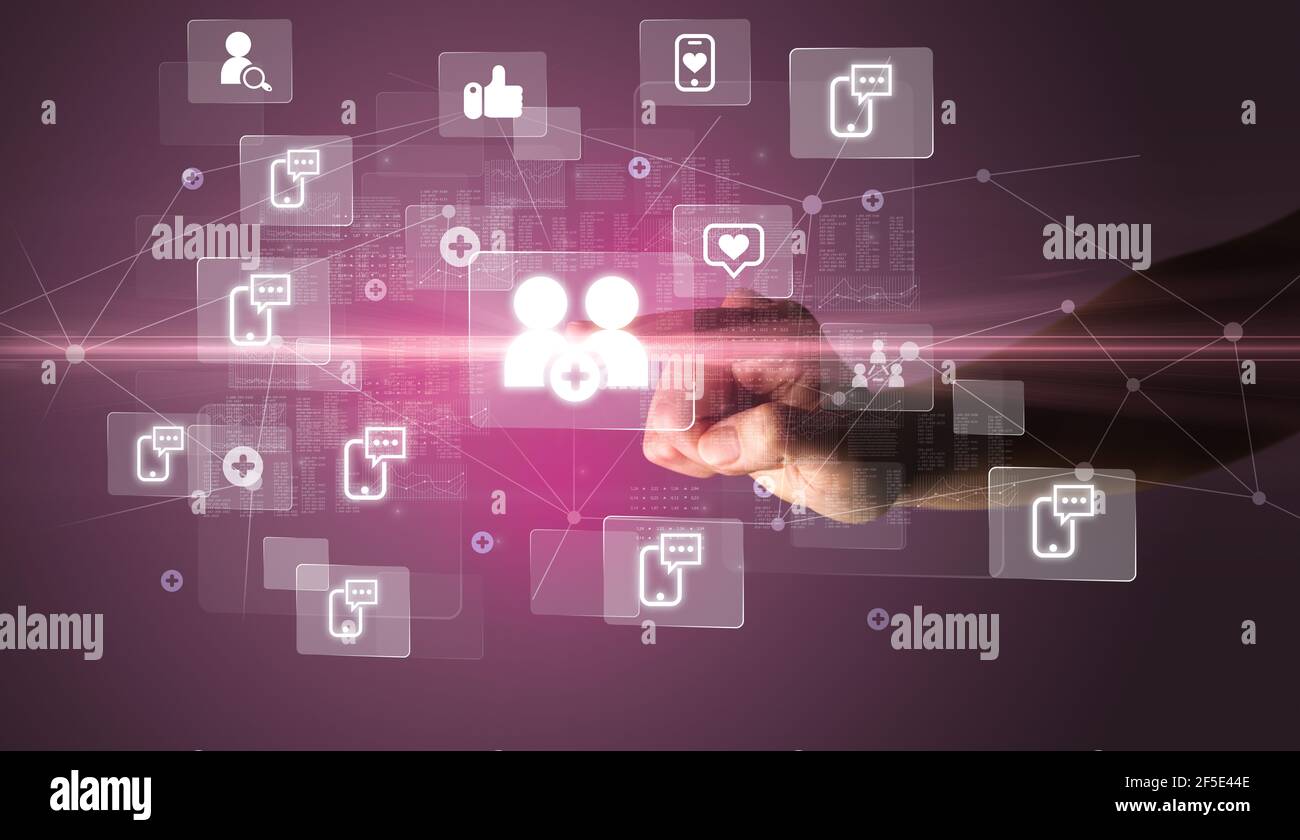 Hand pressing social media multimedia application screen with media ...