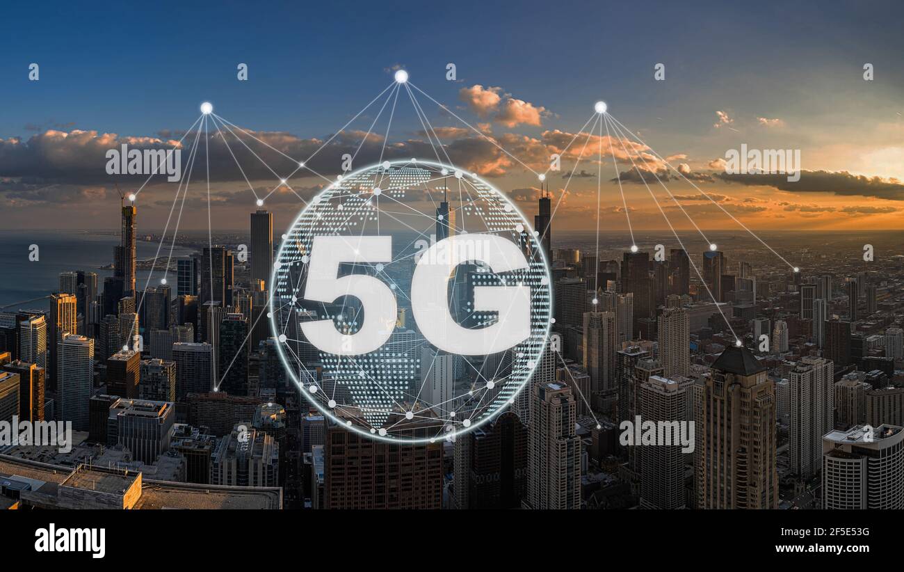 5G Connection Technology over Top view building of Chicago cityscape ...