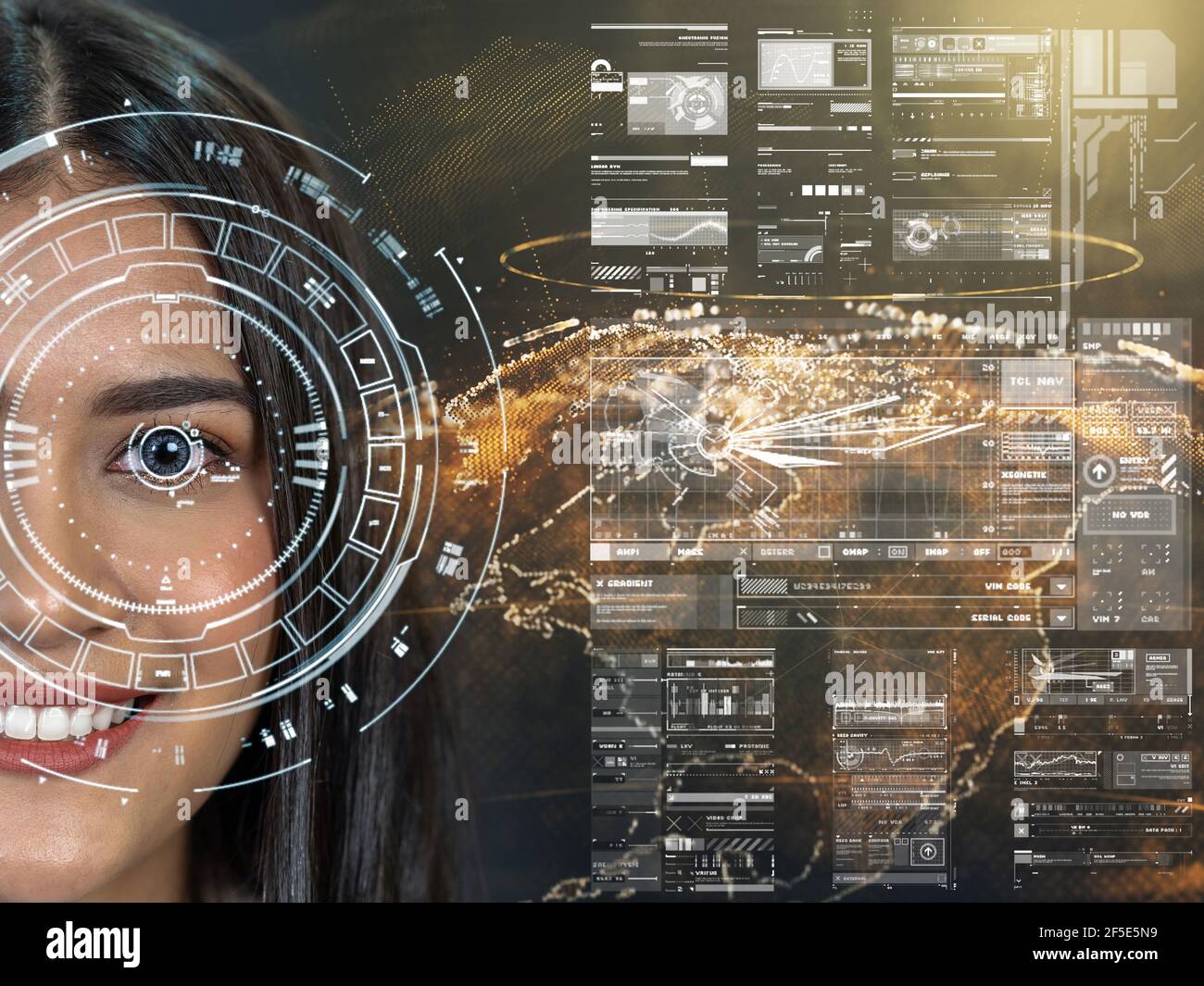 Asian women being futuristic vision over the Part of earth particle ...