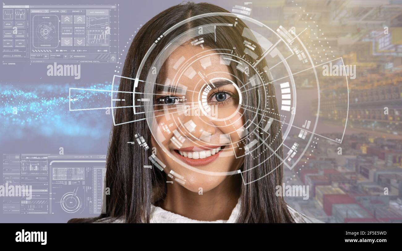 Asian women being futuristic vision over the Part of graphic particle ...