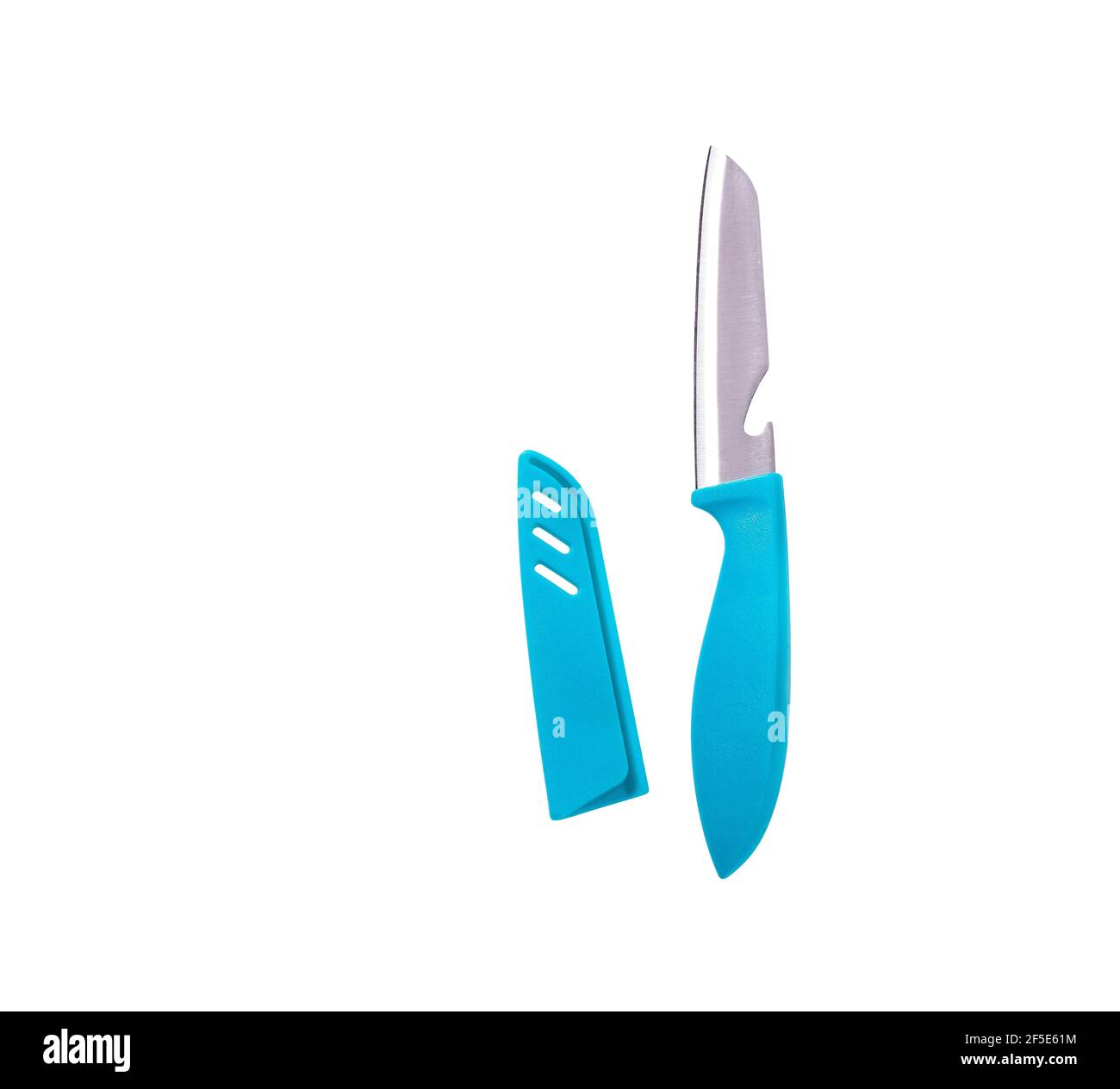 Kitchen knife with blue plastic handle with protector Stock Photo - Alamy