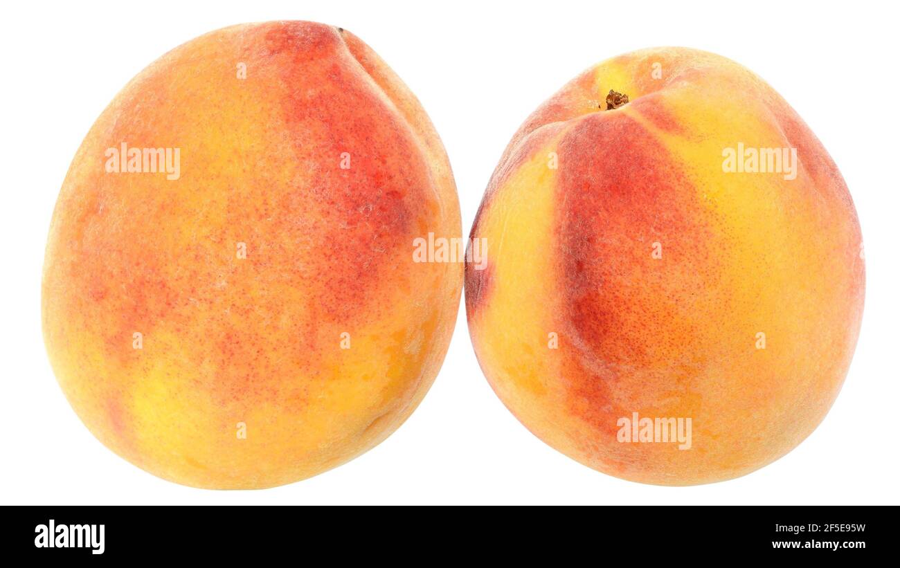 Two peaches close up isolated on white background Stock Photo - Alamy