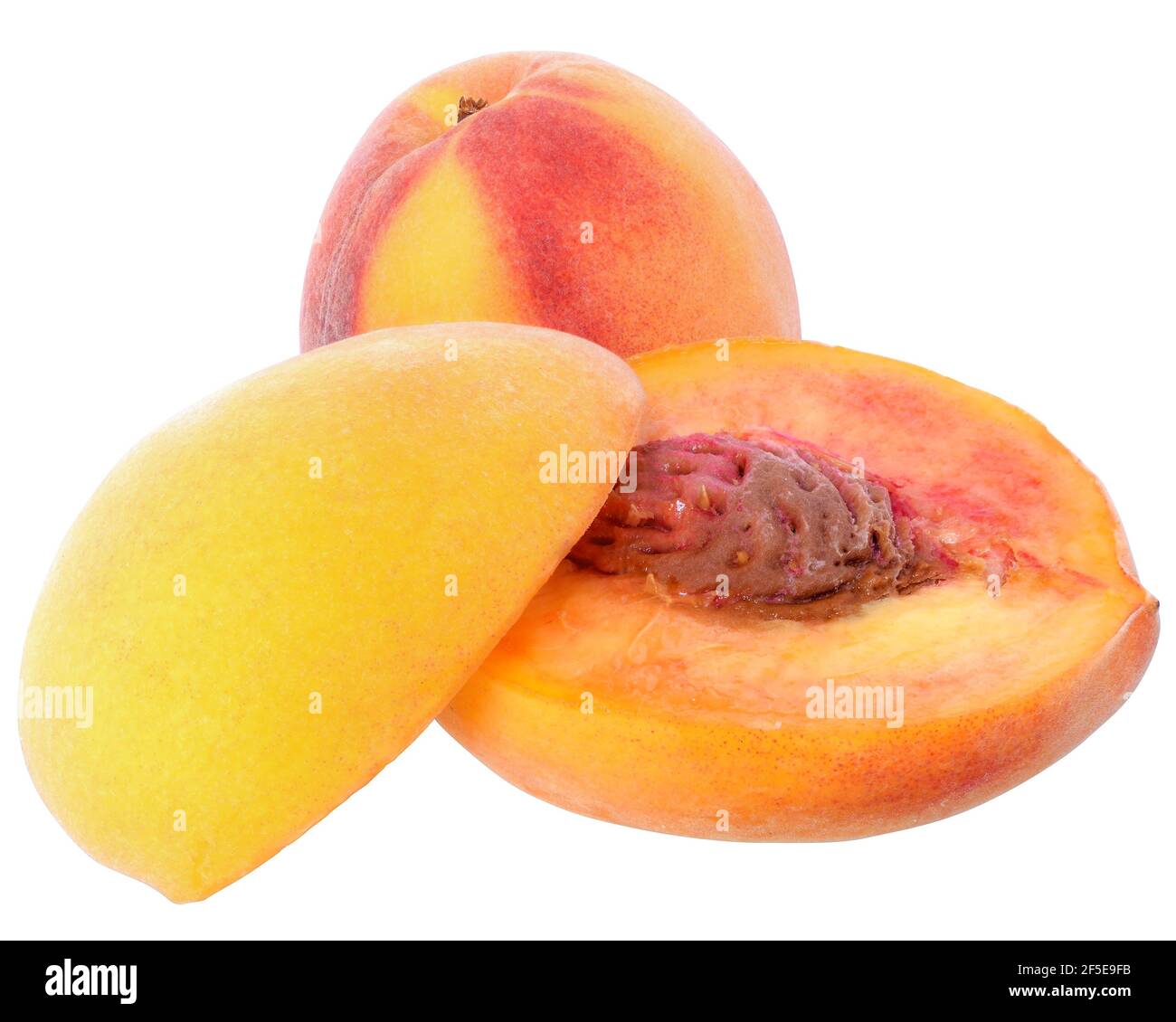 Two slice peach close up isolated on a white background Stock Photo - Alamy