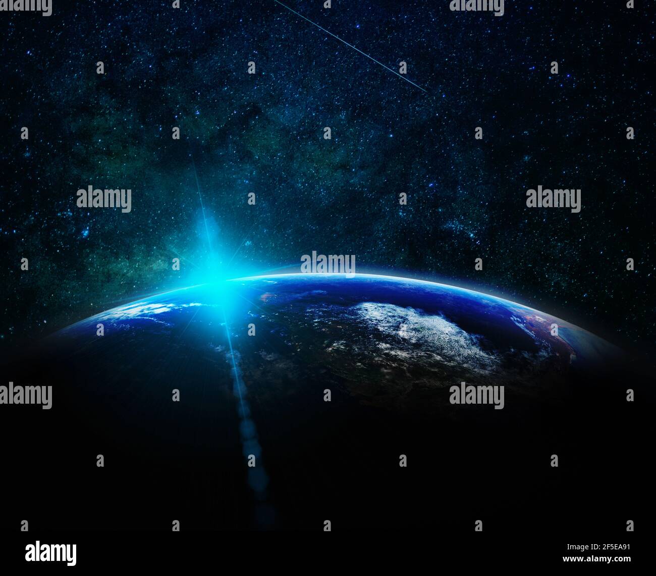 Part of earth with sun rise and lens flare over the Milky Way ...