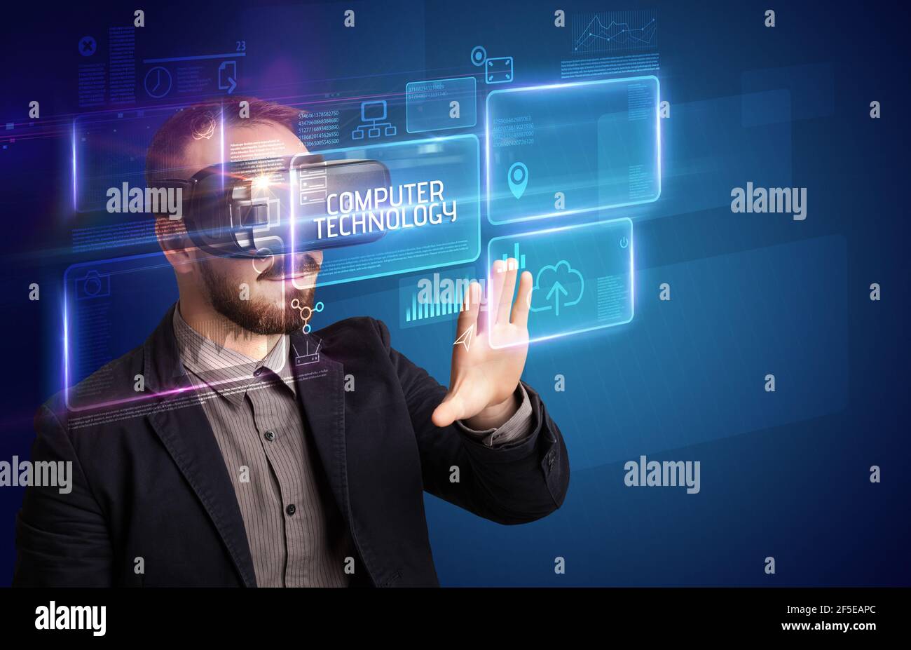 Businessman looking through Virtual Reality glasses, tech concept Stock Photo - Alamy