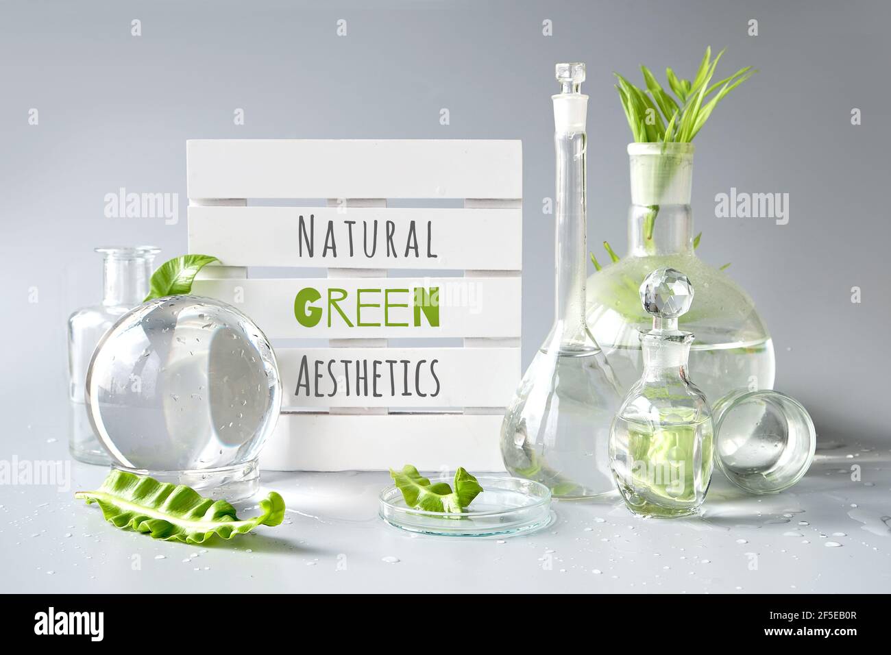Green laboratory. Text Natural Green Aesthetics on white pallet. Exotic ...
