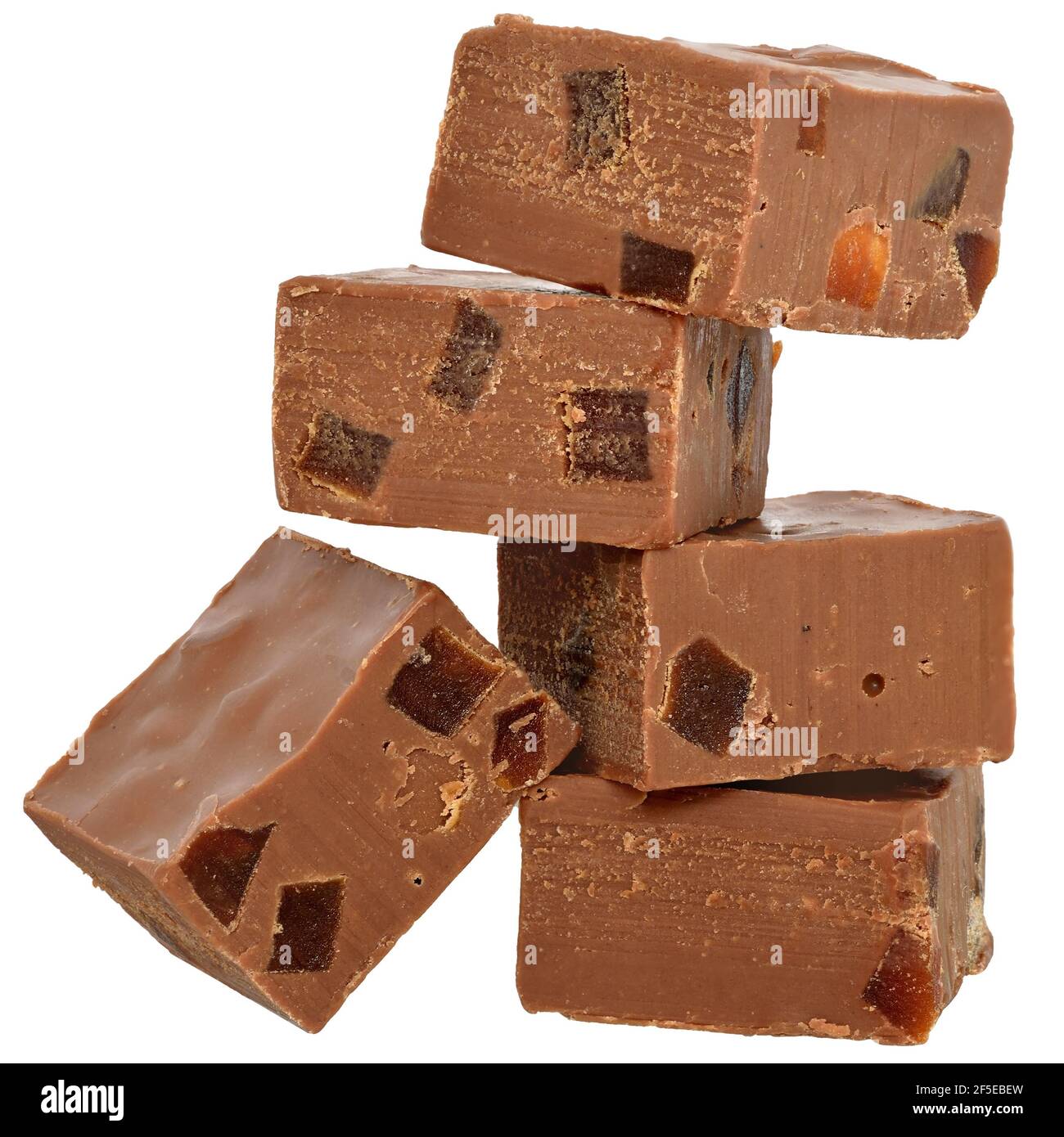 Milk chocolate cubes filled with orange candied fruit isolated on white ...