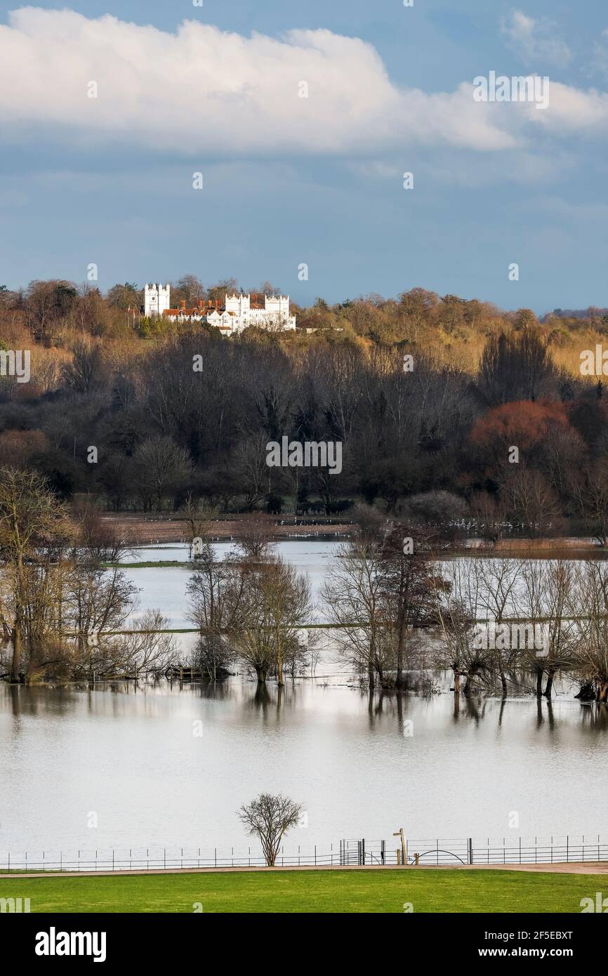 The flooded River Thames at Culham, with Medmenham and Danesfield House ...