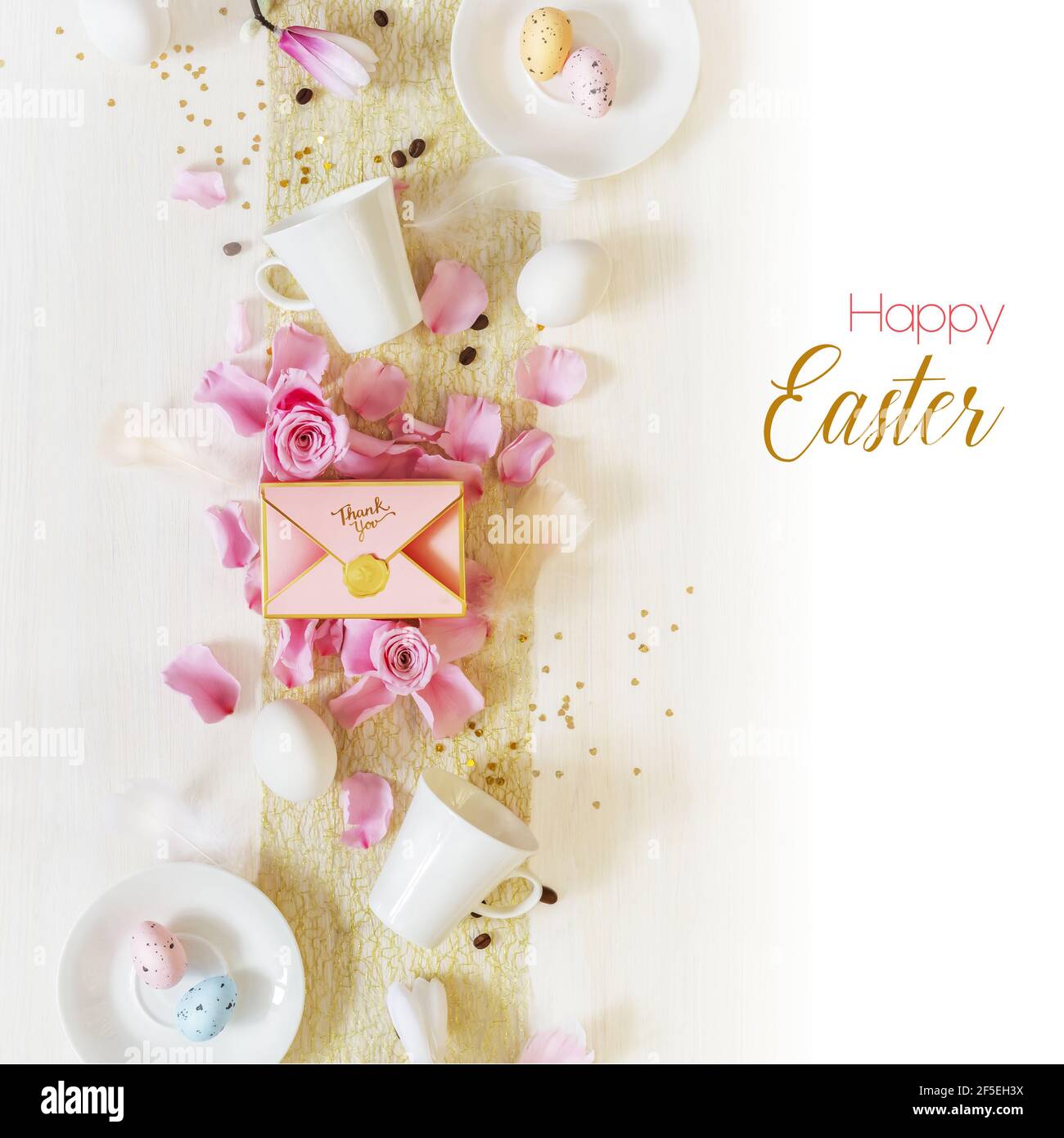 Easter holiday romantic morning still life with cups of coffee, eggs, a ...