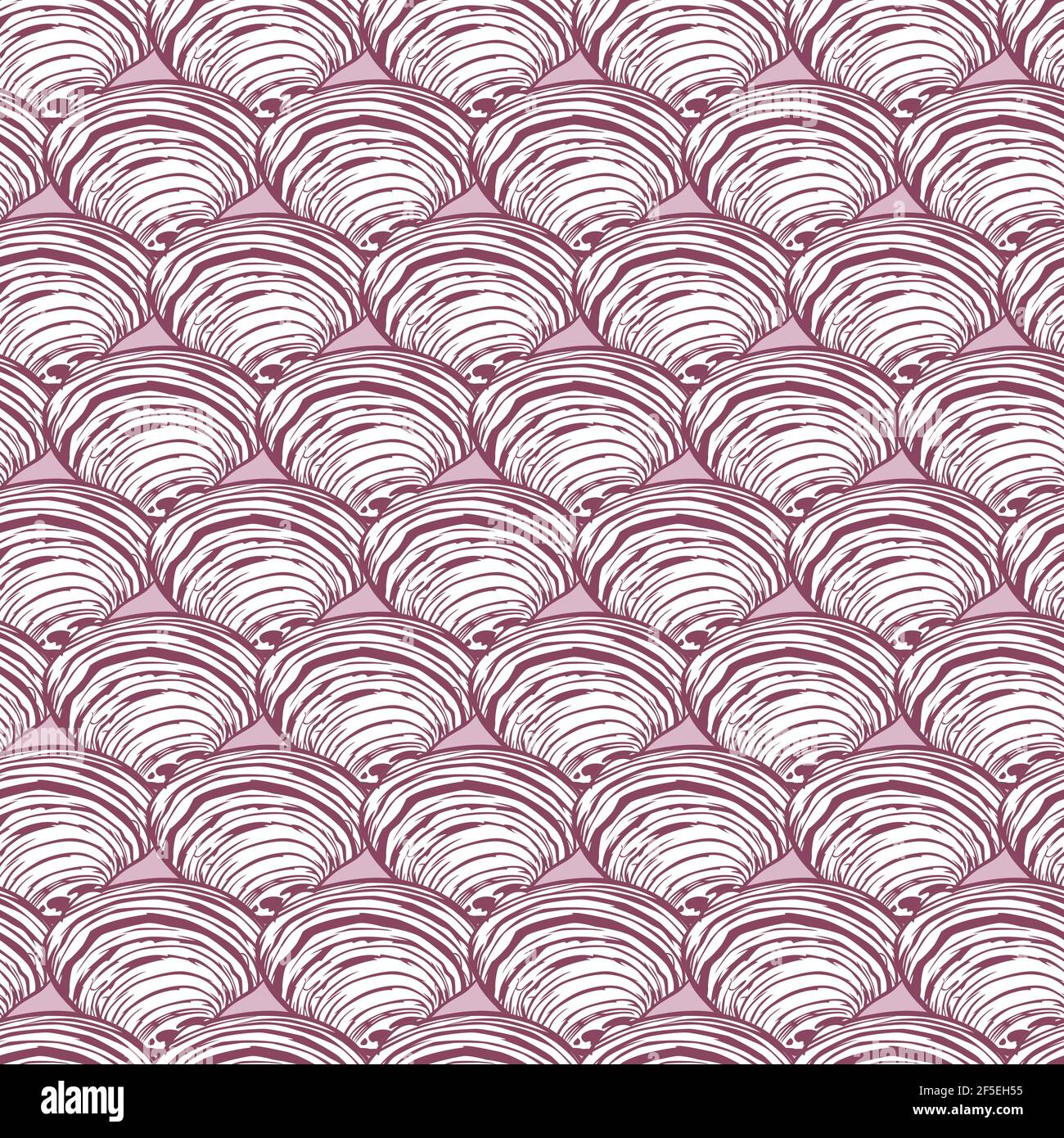 Vector monochrome purple rows of clam seashells repeat pattern. Suitable for gift wrap, textile ...