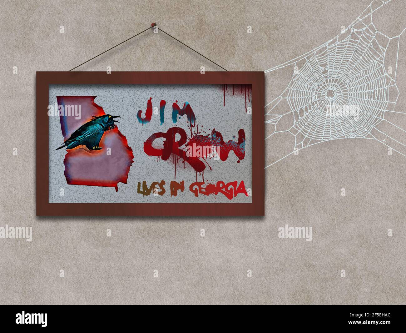 A framed picture of a crow sitting on a map of the state of Georgia, US ...